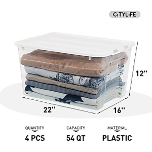 Citylife 54 Quart Stackable Storage Plastic Storage Box with Tight Locking Lid Clear Storage Box Chest, Plastic Container for Organizing Clothes in Closet, 4-Pack