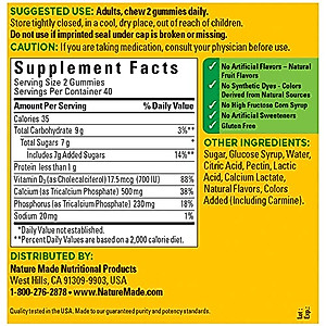 Nature Made Calcium Gummies 500 mg Per Serving with Vitamin D3, Dietary Supplement for Bone Support, 80 Gummies, 40 Day Supply