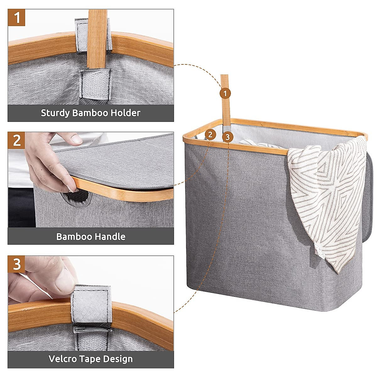 Mindore Laundry Hamper with Lid,60L Collapsible Laundry Basket with Bamboo Handles,Portable Clothes Hamper for Dorm Room, Bathroom, Bedroom,Grey Foldable Hamper for Toys, Closet, Clothing