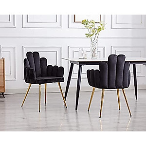 CIMOTA Black Dining Chairs Set of 2 Velvet Upholstered Comfy Living Room Chairs Modern Finger Shape Back Vanity Chair with Arms for Makeup Room/Bedroom, 2PCS