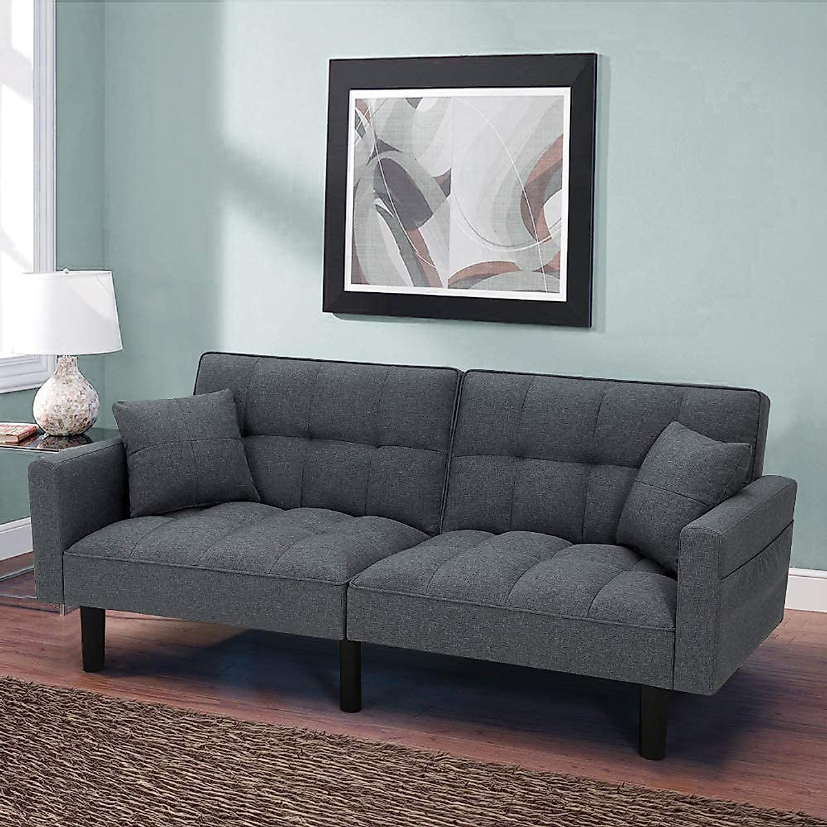 HOMHUM Modern Linen Convertible Futon Sofa Bed Folding Couch Recliner Adjustable Back with Arm Set for Living Room, Grey