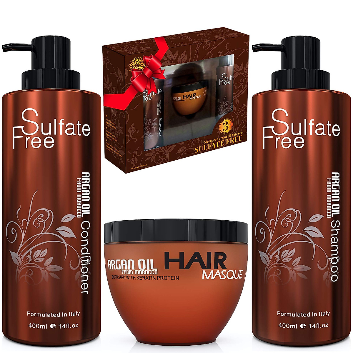 BINGO HAIR CARE Moroccan Argan Oil Shampoo Conditioner and Mask Set, Sulfate Free for Damaged, Dry, Curly or Frizzy Hair - Thickening for Fine/Thin Hair Safe for Color and Keratin Treated Hair