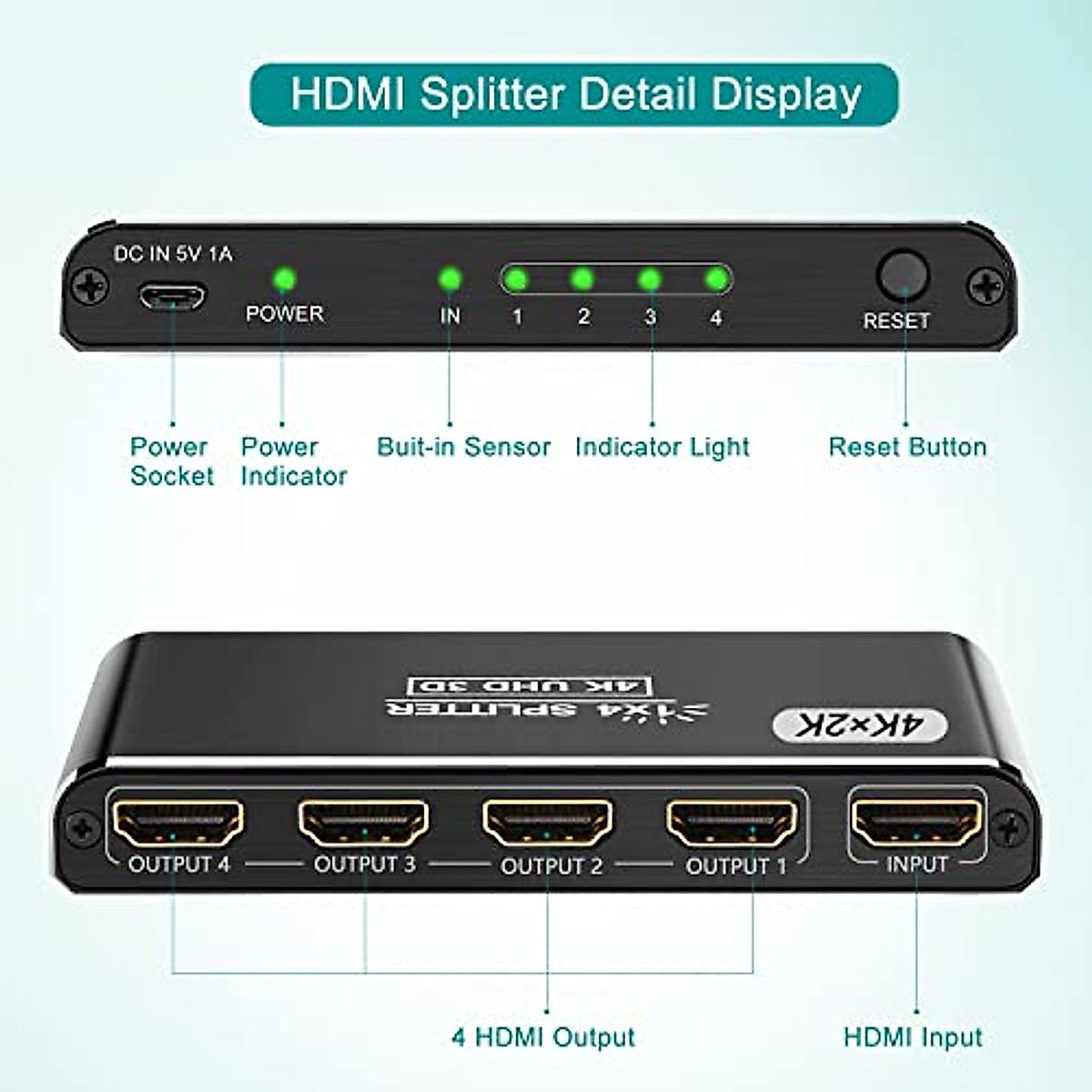 Movcle HDMI Splitter 1 in 4 Out, 4K HDMI Splitter for Dual Monitors/Mirror, Supports 4Kx2K@30Hz 3D Full HD 1080P for Xbox PS4 Blu-Ray Player Fire Stick Roku Apple TV (1 Source onto 4 Displays)