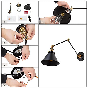 Black Wall Sconces Lighting, Modern Industrial Plug in or Hardwired Adjustable Swing Arm Wall Lamp with Antique Brass Finish for Bedroom, Living Room and Kitchen