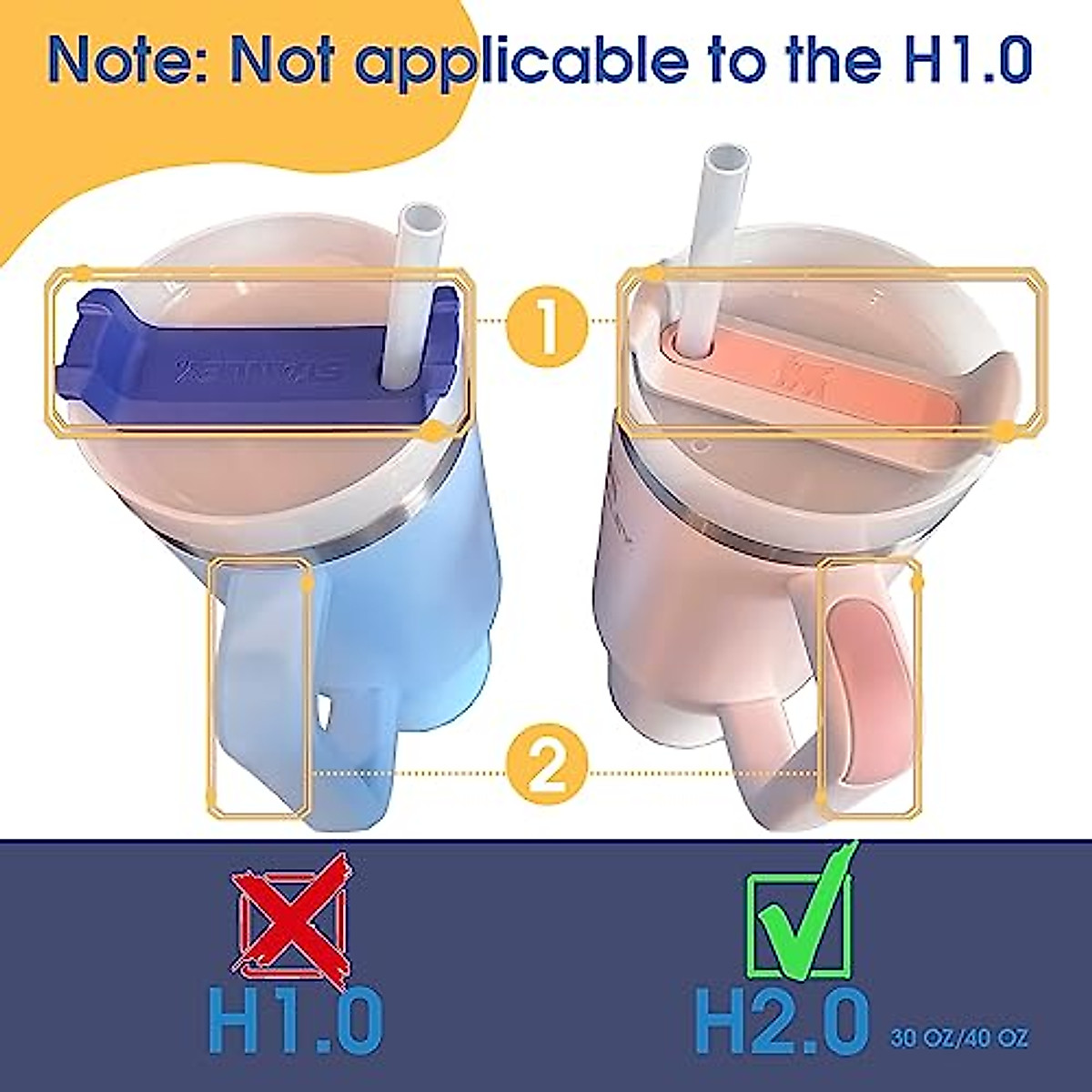 Laeuzn Silicone Spill-Proof Stoppers for Stanley Cup - Compatible with H2.0, 30oz/40oz Tumblers. Includes 2 Straw Cover Sets, 2 Square Spill Stoppers and 2 Round Leak Stoppers