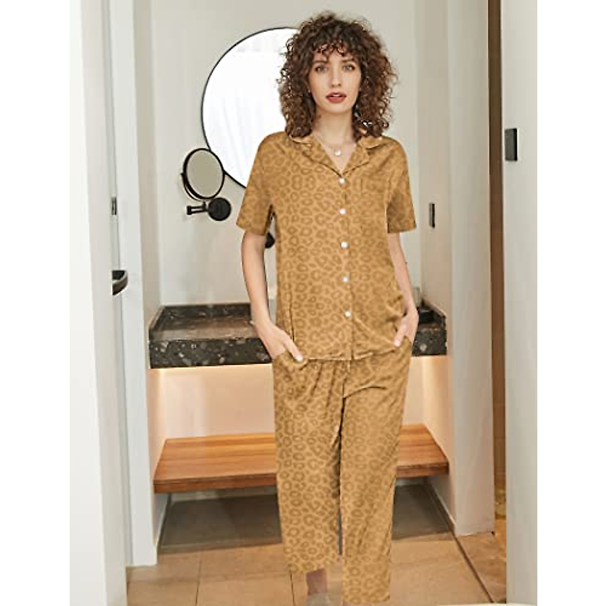 Ekouaer Womens Satin Pj Silk Pajama Comfy Classic Satin Pajamas Button Down Lounge Sets V-neck Pajamas with 2 Pockets Light Brown Leopard Print Large