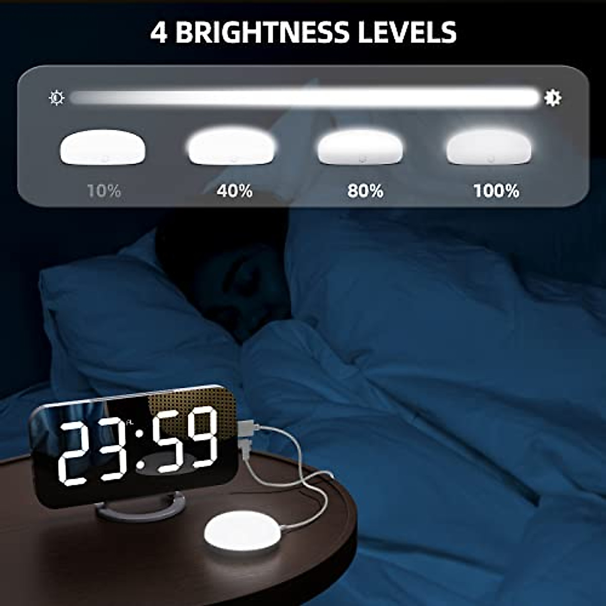 Miowachi Loud Digital Alarm Clock for Heavy Sleepers Adults with Bed Shaker,2 USB Charger, Adjustable LED Light, Snooze, Alarm, Clock for Bedroom, White