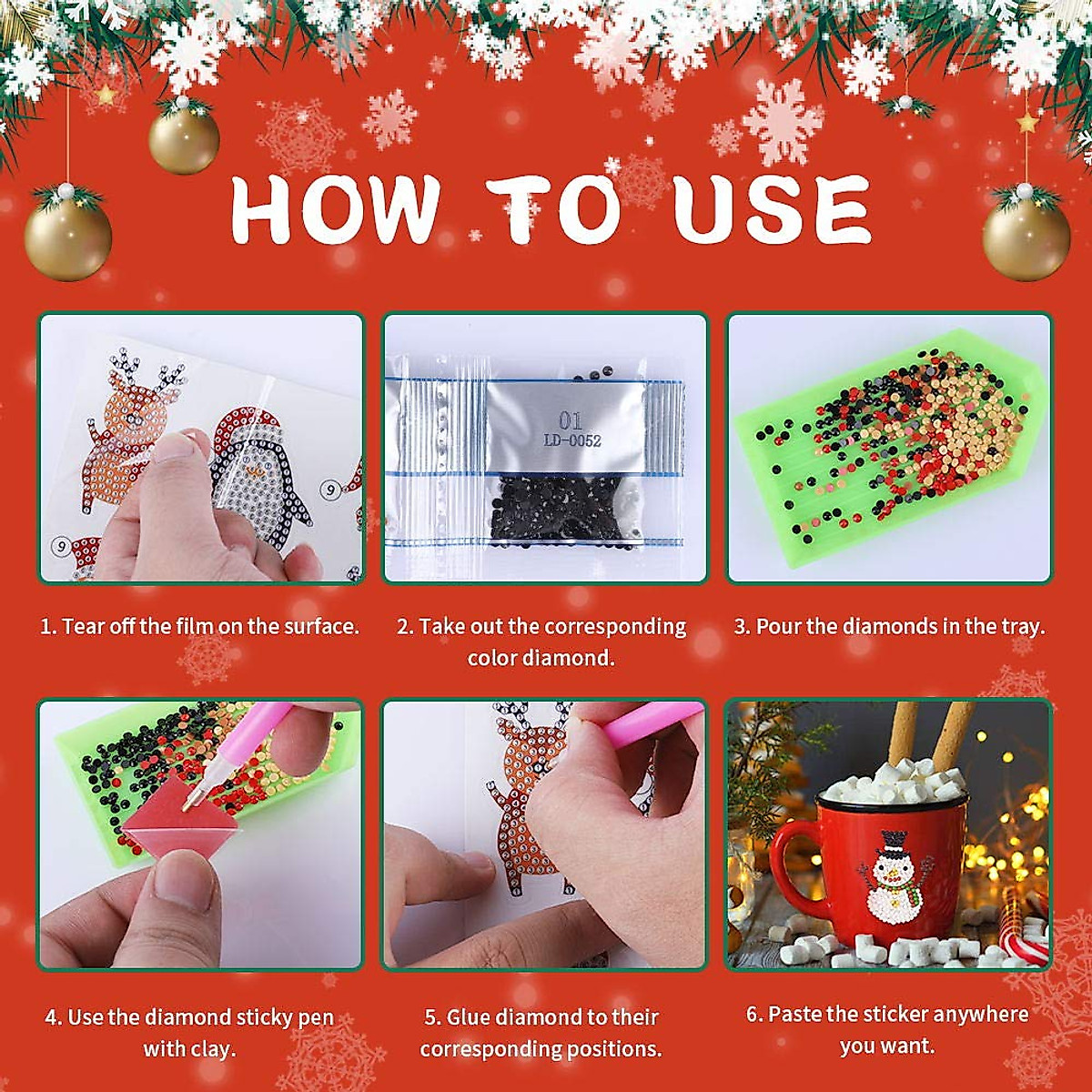 eZAKKA 12Pcs Christmas Stickers Kits，5D DIY Kits Sticker Painting by Numbers Full Round Drill Art Craft，Easy to DIY Creative Craft by Numbers Kits for Kids and Adult