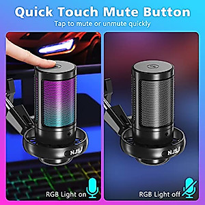 NJSJ USB Gaming Microphone for PC, Condenser Mic with Boom Arm for PS4/ PS5/ Mac/Phone with Touch Mute, RGB Lighting,Gain knob & Monitoring Jack for Streaming,Podcasting,YouTube