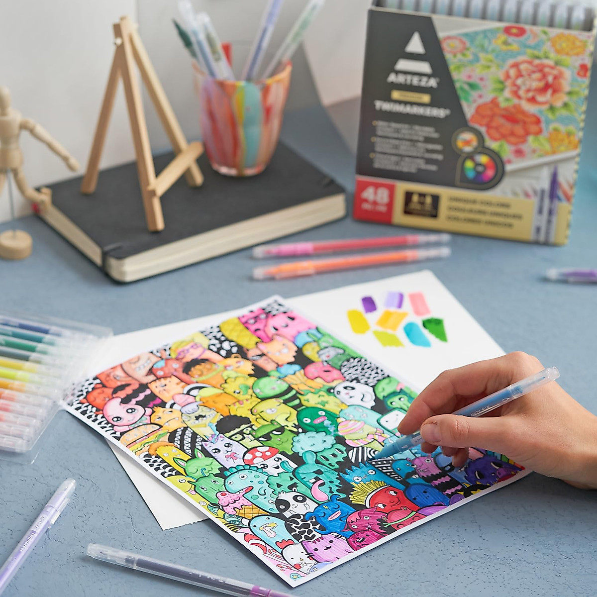 ARTEZA Dual Tip Brush Markers, Set of 48, Art Markers with Fine and Brush Tips, Dual Tip Pens for Adult Coloring, Calligraphy, Sketching, Doodling