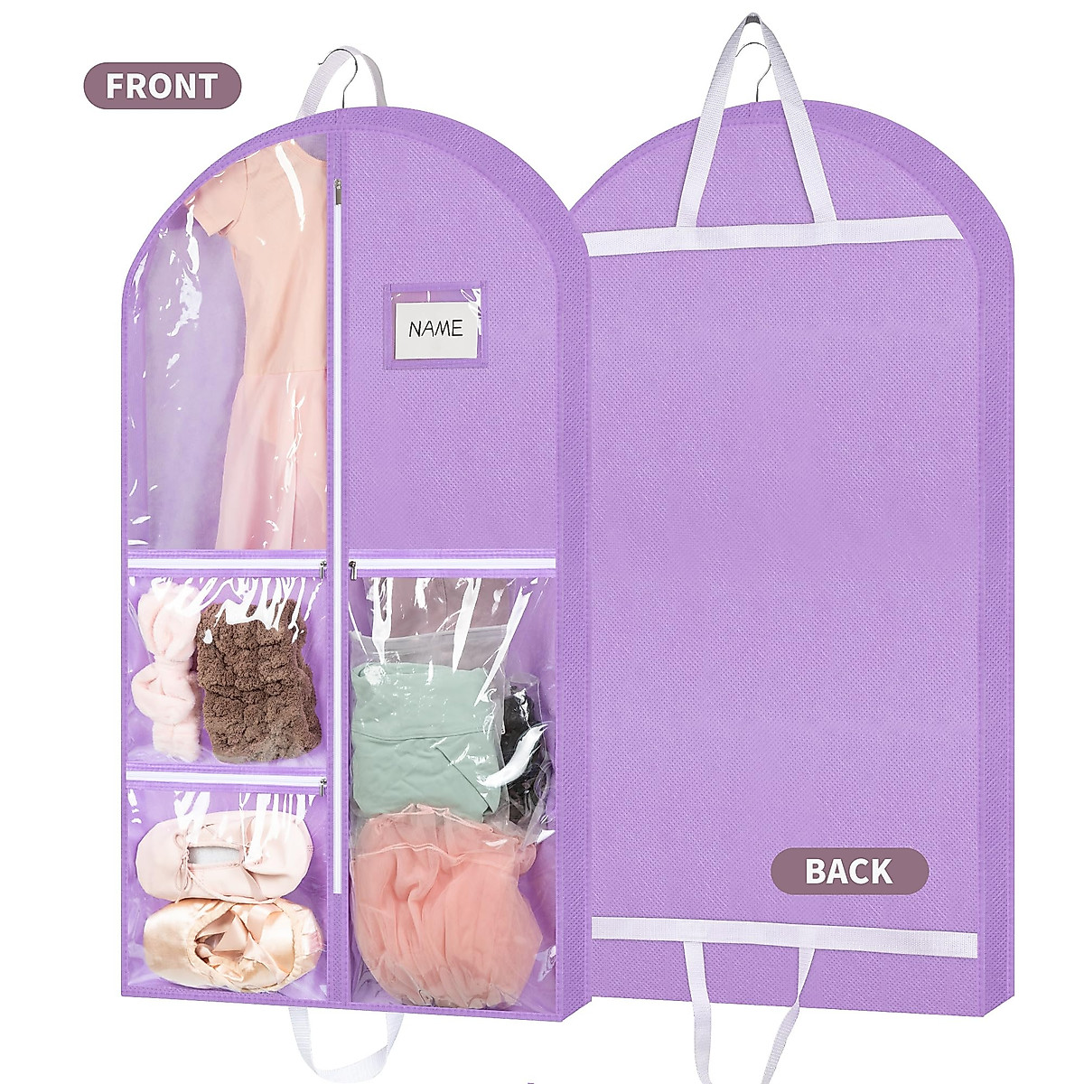 Linodes Dance Costume Bags Garment Bag 40'' for Dance Travel/Competition Storage with 4 Medium Clear Zipper Pockets and 1 Large Back Zipper Pocket-Fabric & PVC (Purple-Fabric & PVC, 40''- 3 Pack)