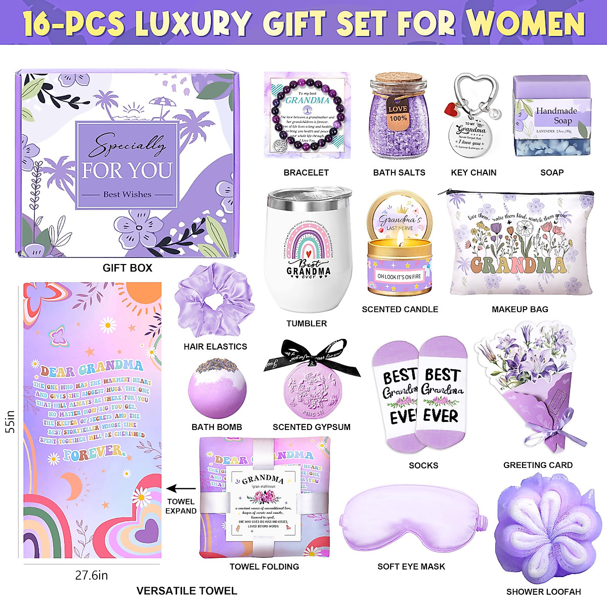 HSOEIXL Gifts for Grandma, Mother‘s Day Basket Gifts for Best Grandma, 16 pcs Birthday Gifts Basket from Granddaughter Grandchildren Grandkids New Nana Gifts Grandmother Gigi Care Package
