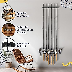 Rush Creek Creations, Ceiling Fishing Rod Holder for 6 Rods, Fishing Pole Holder for Garage Organization and Wall Storage, for Fishing Reels, Fishing Gear, and Fishing Accessories (2 Horizontal Rack)