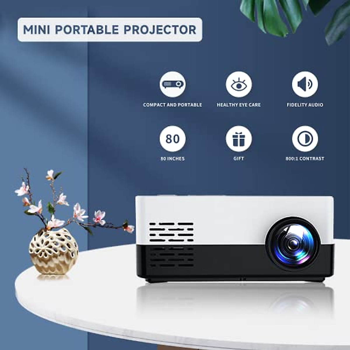 Mini Portable Projector, 1920x1080P, 800:1 LED Mini Projector with 30000H Lamp Life and HDR High Dynamic Technology, Movie Projector for U Disk, Computer, DVD, etc.(US-Plug)