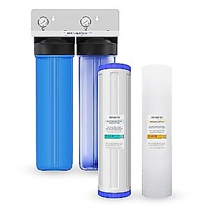 Max Water 2 Stage (Sediment, Odor & Improving Taste) Whole House (20 inch x 4.5 inch), Water Filtration System with PVC Ball Valve, Pressure Gauge & Housing Wrench - Sediment + GAC - 1" Inlet/Outlet