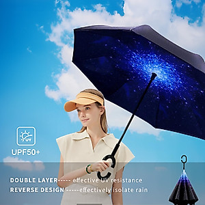 SIEPASA Spar. Saa Double Layer Inverted Umbrella with C-Shaped Handle, Anti-UV Waterproof Windproof Straight Umbrella for Car Rain Outdoor Use