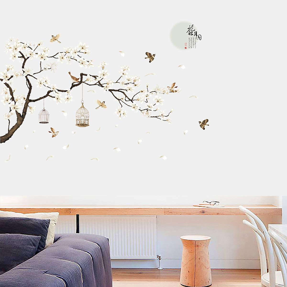 Bienstylife Peach Flower Wall Decals Tree Wall Stickers Peel and Stick Flower Wall Stickers Floral Murals for Living Room TV Background Kids Girls Room Bedroom 4 Sheets of 11.8"x35.4"