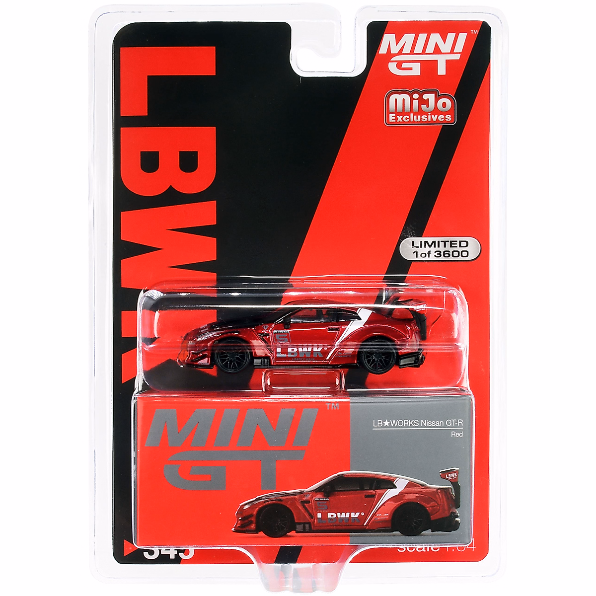 Truescale Miniatures GT-R R35 Type 2 LB Works Rear Wing ver 3 LB Work Livery 2.0 Red Met. & Black w/Stripes Ltd Ed to 3600 pcs 1/64 Diecast Model Car by TSM MGT00345