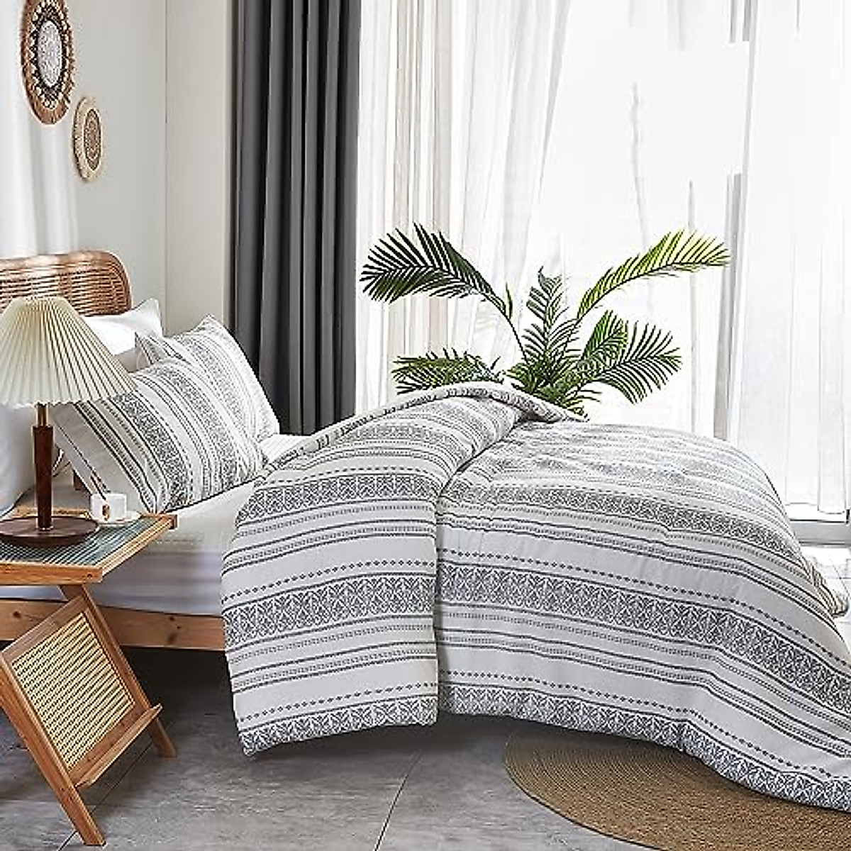 MOVE OVER Gray Jacquard Comforter Set Boho Comforter Set Queen 300TC 100% Yarn Dyed Cotton Bohemian Paisley Flower Design Boho Textured Stripes Jacquard Tufted Comforter Set