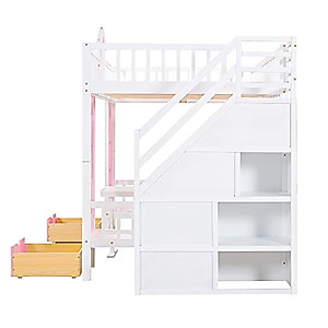Polibi Full-Over-Full Bunk Bed with Storage Staircase and Changeable Table, Full Bunk Bed Turn into Upper Bed and Down Desk with 2 Drawers, Pink