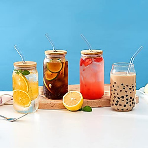 Newsphere Drinking Glasses with Bamboo Lids and Glass Straw 4pcs 16oz Beer Cup Glass Set, Cocktail Glasses, Iced Tea Glasses, Iced Coffee Glasses, Soda Glass Tumbler, Blue