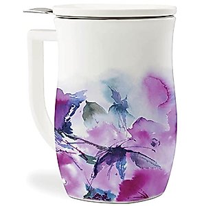 Tea Forte Fiore Ceramic Tea Mug with Infuser and Lid, Verbena Blossom, 14 oz. Ceramic Cup with Handle for Steeping Loose Leaf Teas, Dishwasher & Microwave Safe