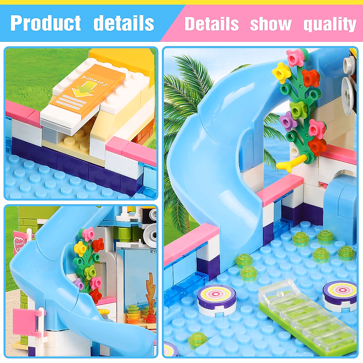 Friends Swimming Pool Building Set for Girls 6-12 Beach Pool Party Building Blocks Toys Water Park Building Includes Juice Bar and Car, Storage Box, Christmas Birthday Roleplay Gift for Kids Girls 7-9