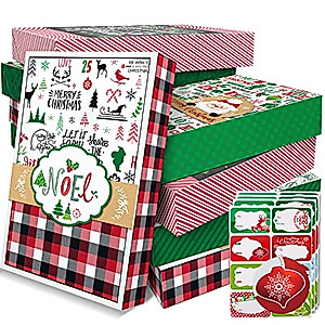 Party Funny 12Christmas Gift Wrap Boxes Bulk with Lids, 12 Tissue paper and 80 Count Foil Christmas Tag Stickers for Wrapping Large Clothes (Shirts，Tshirt) and Xmas Holiday Present