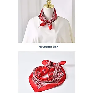 ANDANTINO 100% Real Mulberry Silk Scarf -21'' x 21''- Lightweight Neckerchief –Women Men Small Square Digital Printed Scarves (Red Paisley)