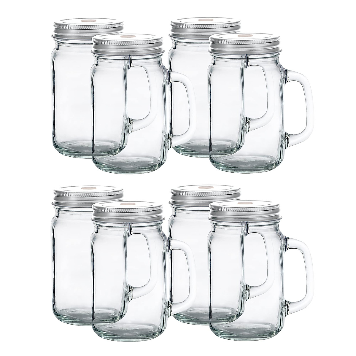 Simple Elements Mason Jar with Handle and Lid with Straw Hole - Mason Jars for beverages, drinks, liquor, juice or water - 3"W x 5.5"H - 12 oz - Set of 8