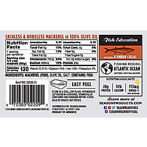 Season Mackerel in Olive Oil – Skinless & Boneless, Wild Caught, Keto Snacks, Canned Mackerel Fillets, Full of Vitamins, Low in Mercury, Kosher, Non-GMO, 20g of Protein – 4.37 Oz, 12-Pack