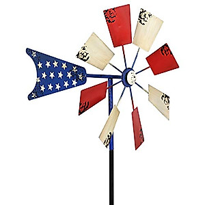 Exhart Yard Pinwheel Decorations – American Flag Windmill Spinner – USA Garden Windmill w/Weather Resistant Americana Metal Blades, Patriotic Decorations, Garden Décor (12" L x 13" W x 54" H)