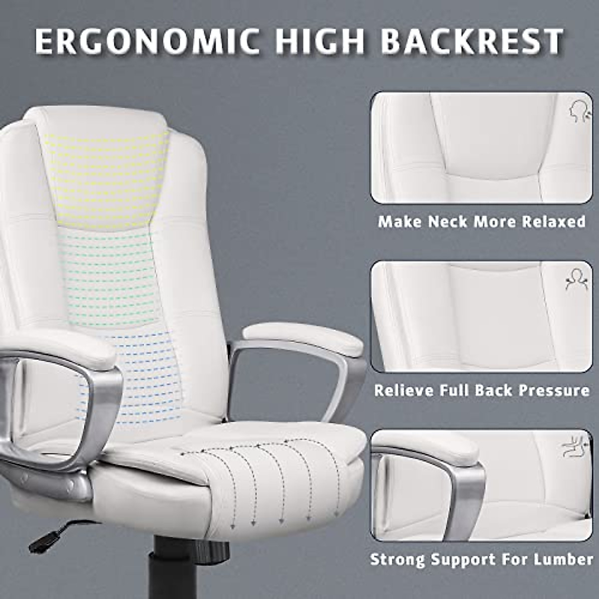 LEMBERI Office Desk Chair, Managerial Executive Chair, Big and Tall High Back Computer Chair, Ergonomic Adjustable Height PU Leather Chairs with Cushions Armrest for Long Time Seating (White)