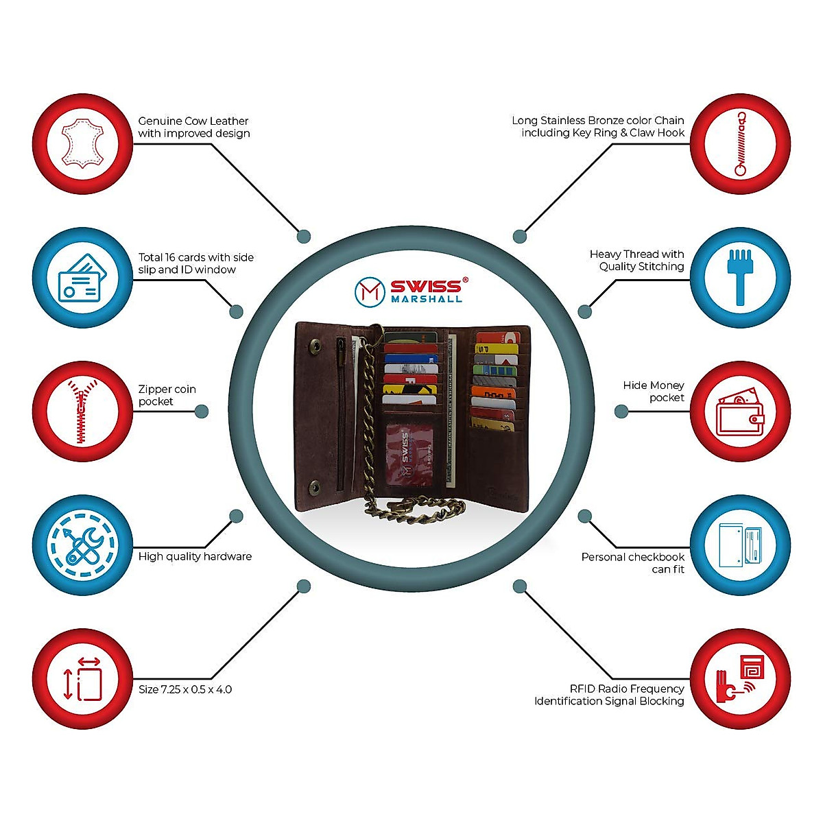 Swiss Marshall Men's RFID Signal Blocking Biker's Vintage Brown Leather Long Tri-fold Chain Checkbook Card ID Wallet (Brown)