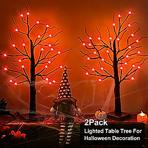 TURNMEON 2 Pack 24 Inch Halloween Birches Tree Decorations with Timer Total 48 LED Orange Lights Battery Powered Tabletop Artificial Black Spooky Tree for Halloween Decorations Indoor Home Decor