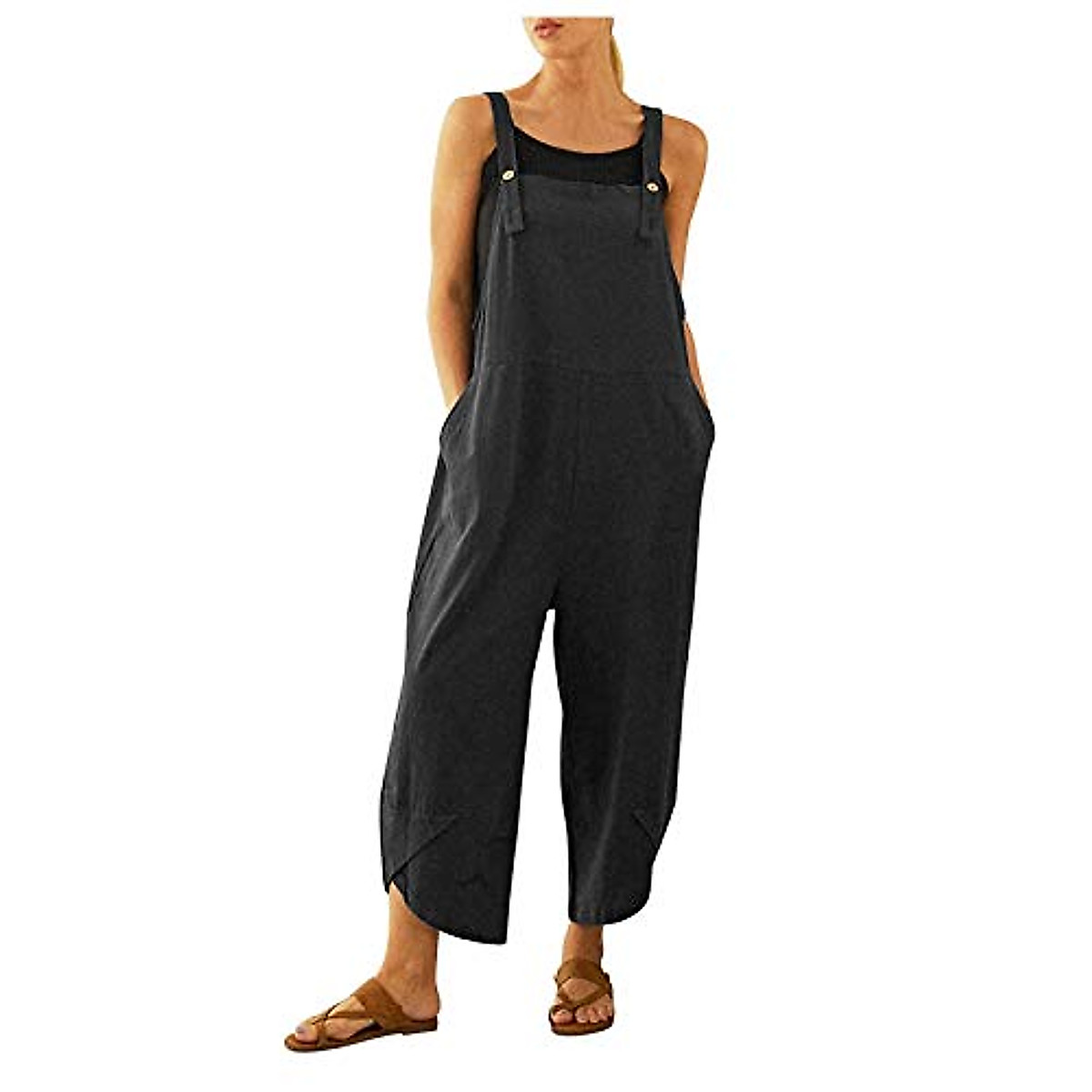 Bravetoshop Women's Casual Baggy Overalls Sleeveless Suspender Jumpsuit Wide Leg Romper with Pockets (Black,XXXXL)