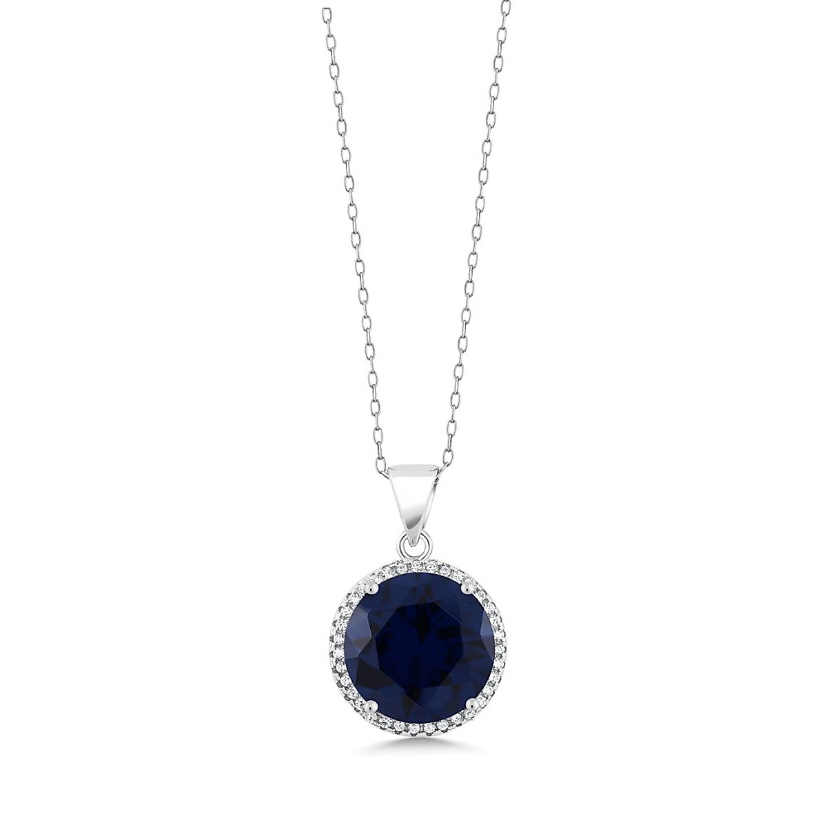 Gem Stone King 925 Sterling Silver Blue Simulated Sapphire Pendant Necklace For Women | 9.00 Cttw | 13MM Round | With 18 Inch Silver Chain