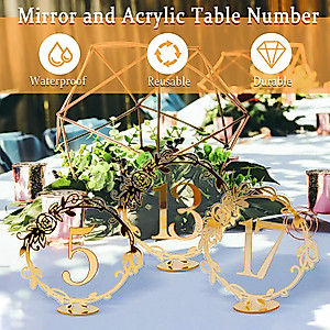 NAWTOR 20Pcs Gold Acrylic Table Numbers Lace Table Numbers With Stands Holder Base Elegant Mirror Table Numbers for Wedding Party Event Catering