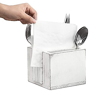 MyGift Vintage White Solid Wood Napkin Holder and Utensil Holder with 3 Compartments, Buffet Napkin and Flatware Holder Caddy