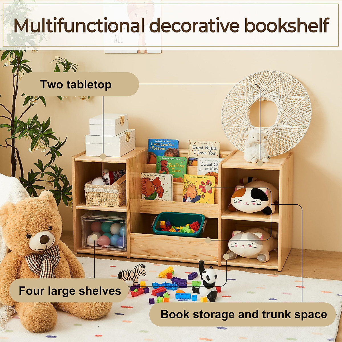 F3C | Montessori Bookshelf and Toy Storage | 3-Section Kids Bookshelf for Organizing Books | 2-Shelf Toy Organizers and Storage Cabinet | Natural Wood Bookcase with Storage | Kids Organizer