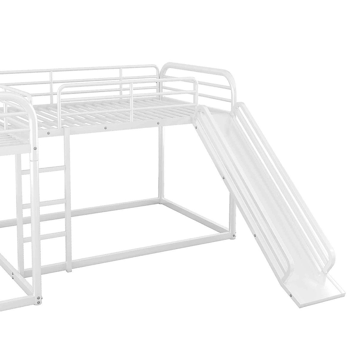 ATY L-Shaped Full and Twin Size Bunk Bed, Metal Bedframe w/Ladder & Slide, for 4 People, Bedroom, Dorm, Guestroom Supplies, Save Space Design,White