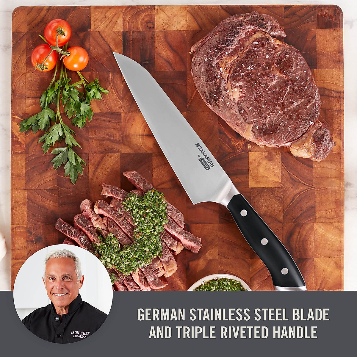 DASH Zakarian 7" Chef Knife, High Carbon German Stainless Steel Kitchen Knife with Sheath, Black