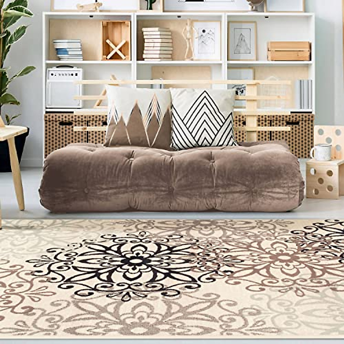 SUPERIOR Indoor Large Area Rug for Bedroom, Living/Dining Room, Entryway, Office, Farmhouse Aesthetic Floor Throw, Modern Floral Geometric Decor, Jute Backing, Leigh Collection, 5' x 8', Beige