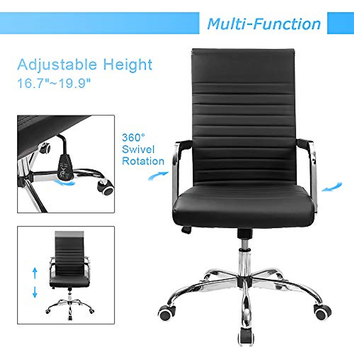Furmax Ribbed Office Desk Chair Mid-Back PU Leather Executive Conference Task Chair Adjustable Swivel Chair with Arms (Black)