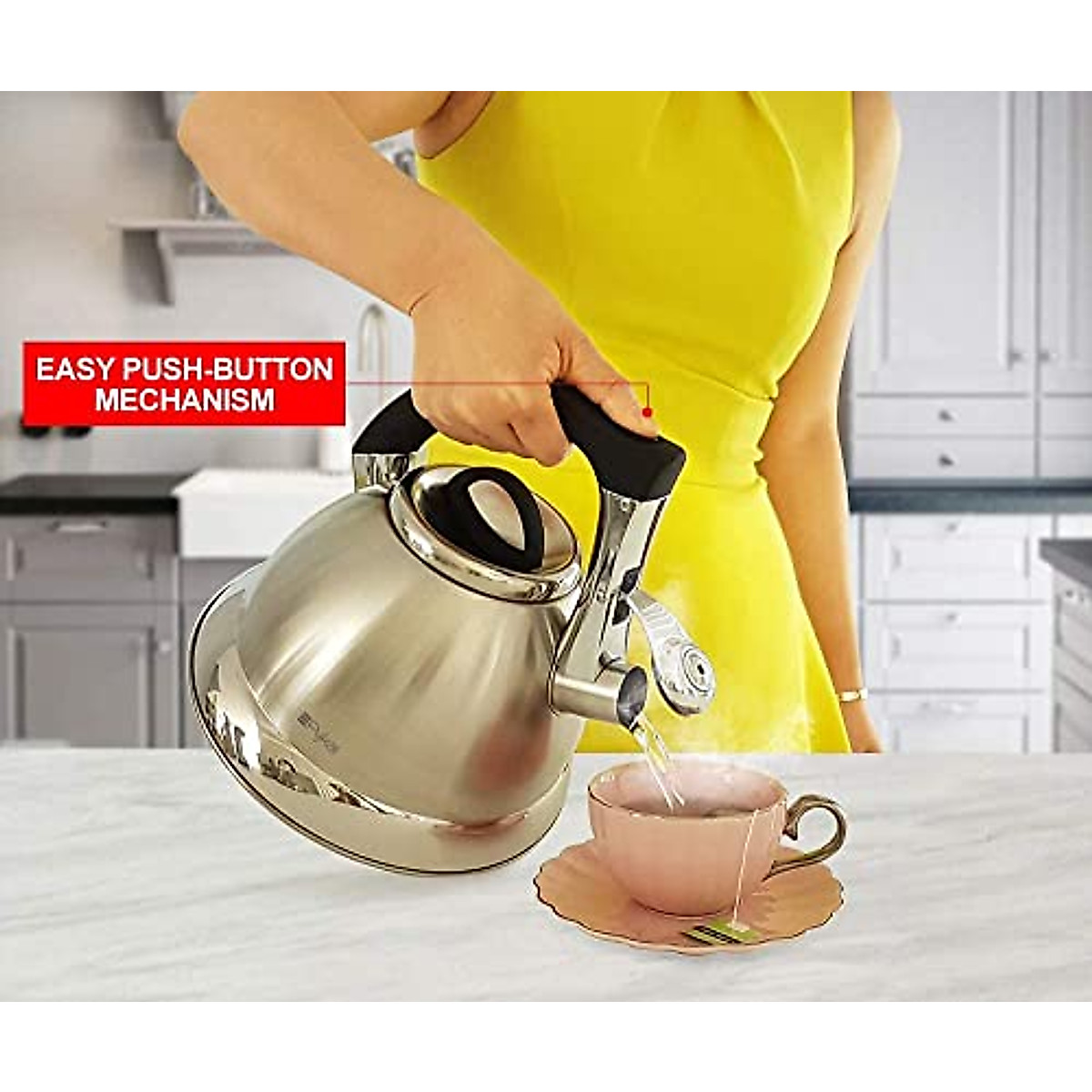Whistling Tea Kettle with iCool - Handle, Surgical Stainless Steel Teapot for Stovetop, 2 FREE Infusers Included, 3 Quart by Pykal