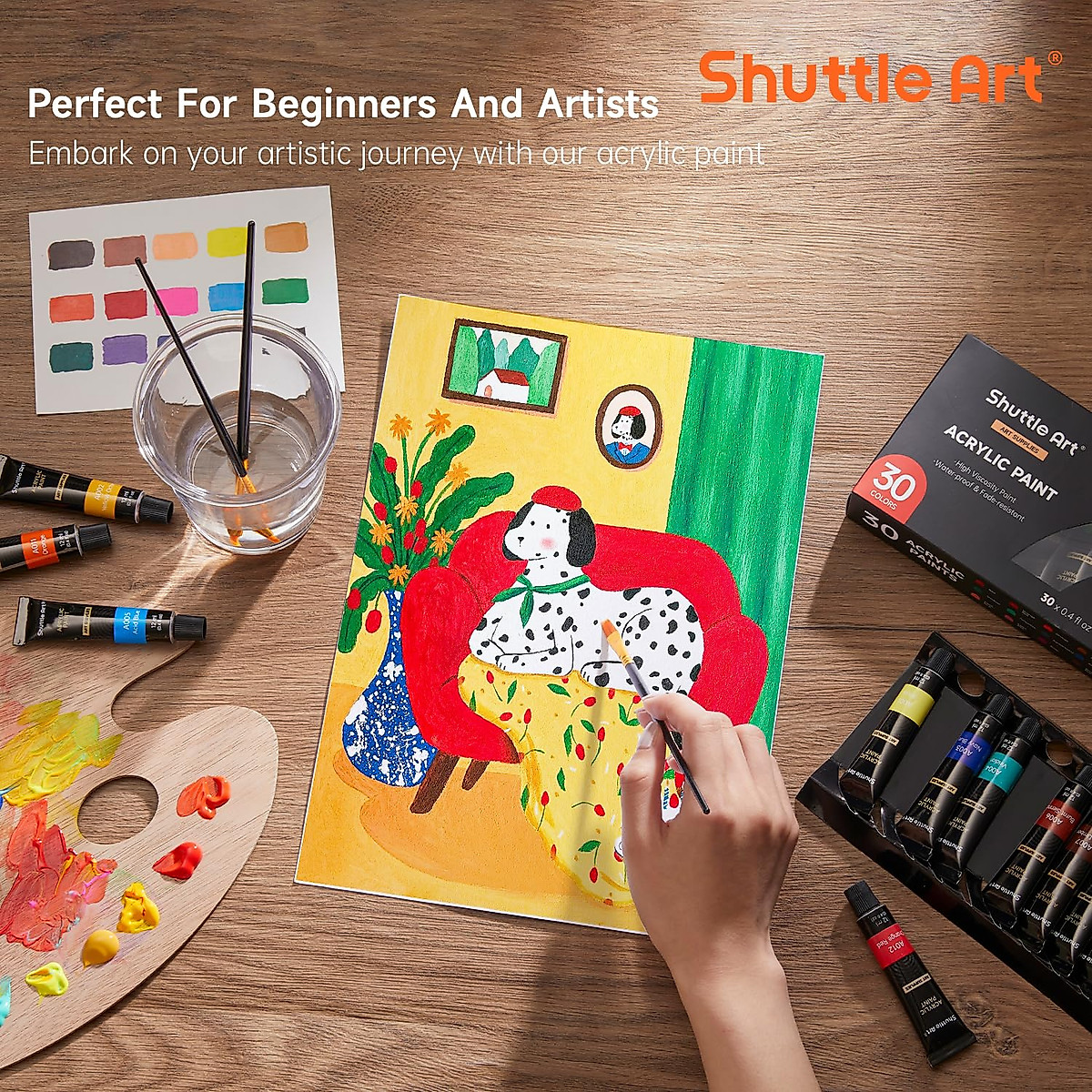 Acrylic Paint Set, Shuttle Art 30 x12ml Tubes Artist Quality Non Toxic Rich Pigments Colors Great for Kids Adults Professional Painting on Canvas Wood Clay Fabric Ceramic Crafts