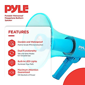 Pyle Compact and Portable Mega Phone Speaker - 40W Waterproof Bullhorn with Alarm Siren, Adjustable Volume, LED Flashlight, and AA Battery Power - Indoor/Outdoor Use for Cheering at Football Games