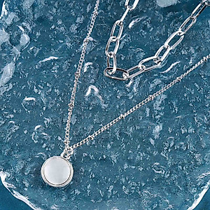 Yheakne Boho Layered Moonstone Necklace Silver Opal Moonstone Pendant Necklace Paper Clip Chain Choker Necklace Punk Flat Chain Necklace Jewelry for Women (Silver)