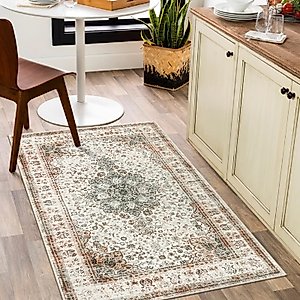 Moespace Oriental Area Rug - 3x5 Washable Rug Boho Non-Slip Indoor Rug for Kitchen Entryway, Low-Pile Front Door Mat Print Distressed Accent Rug for Bedroom Entry Foyer Laundry, Taupe
