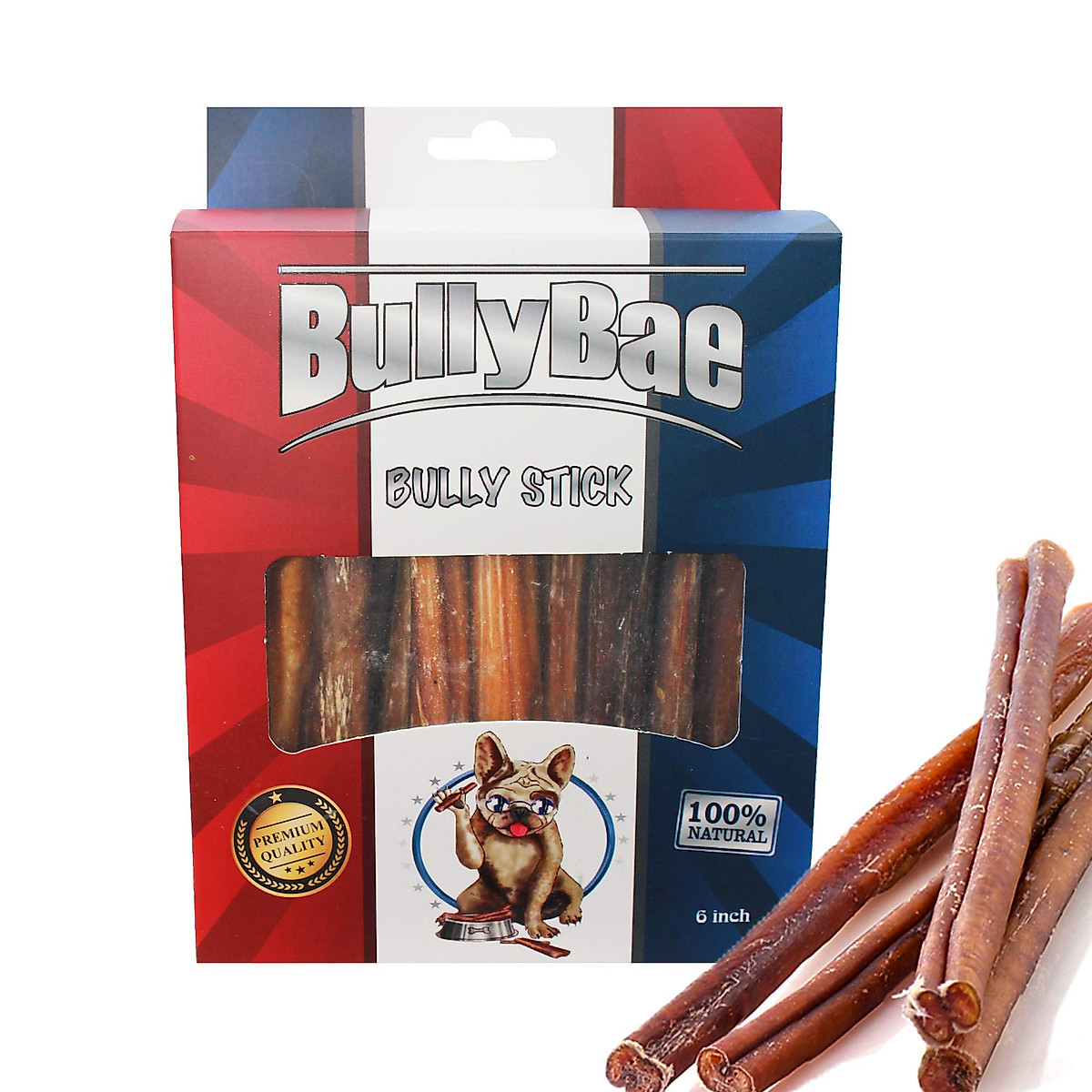 BullyBae 6" Natural Bully Stick Dog Treats - Healthful Dog Chews (Medium 15 Count)